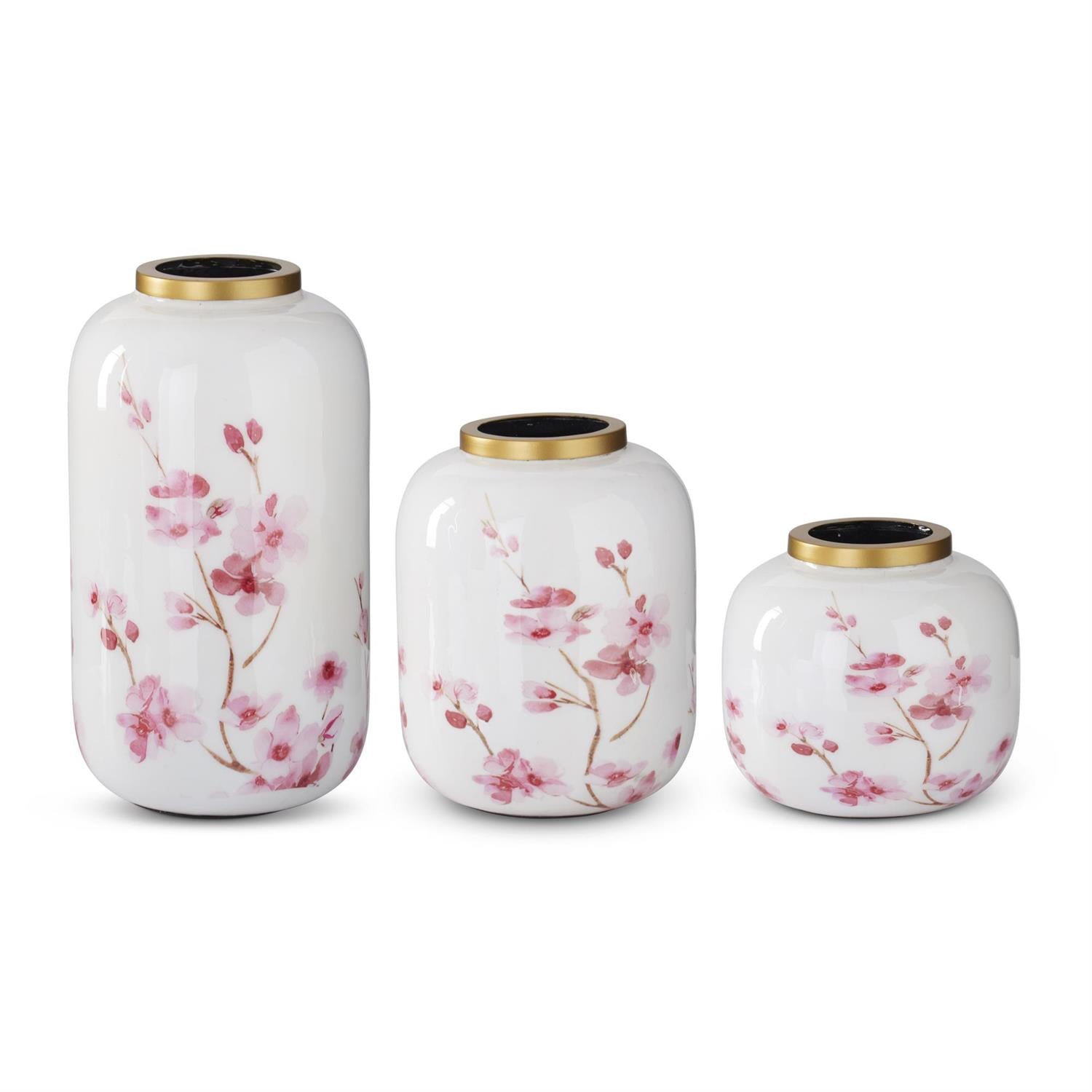 Design Shop Set of 3 White & Pink Cherry Blossom Enameled Vases w/Gold ...
