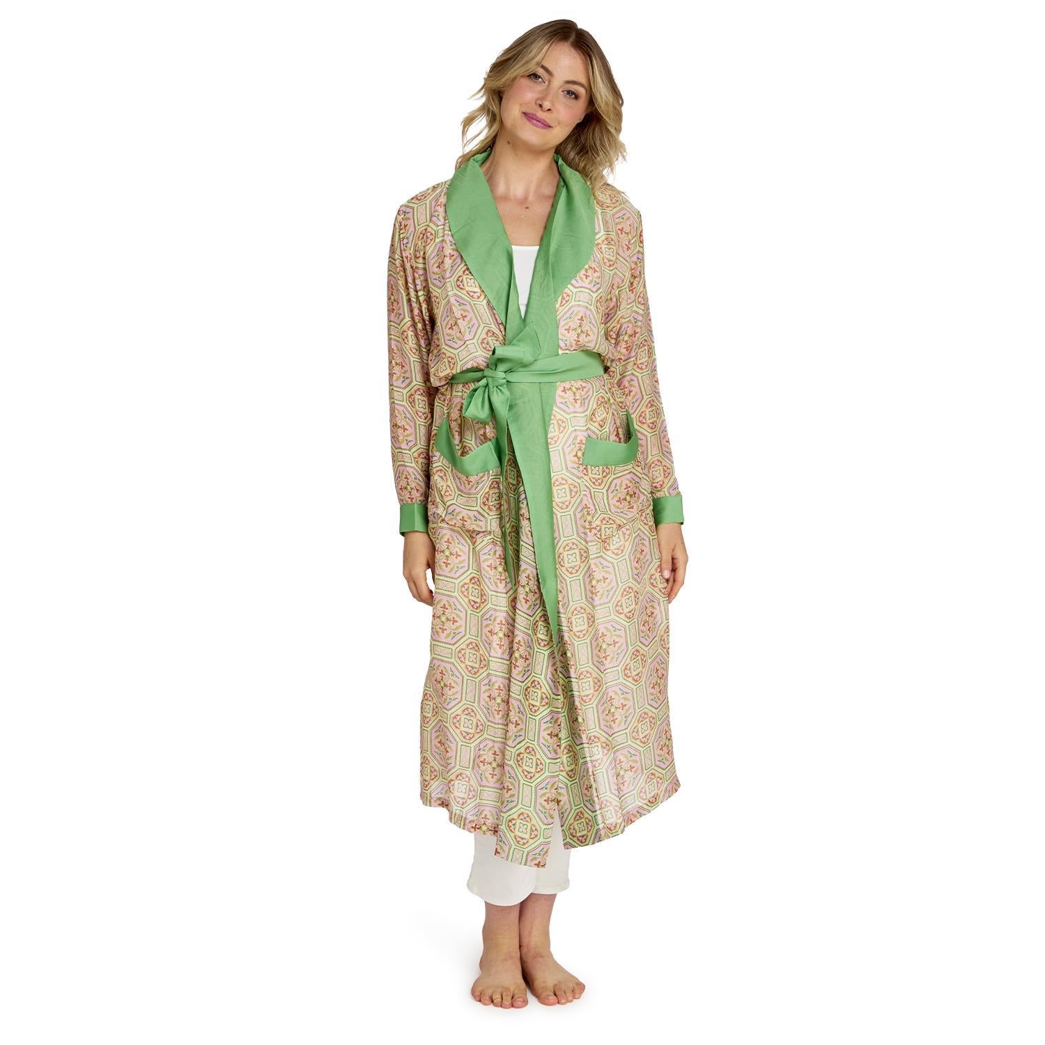 Design Shop Vintage Tiles Pink Robe Gown w/Removable Waist Tie Closure ...