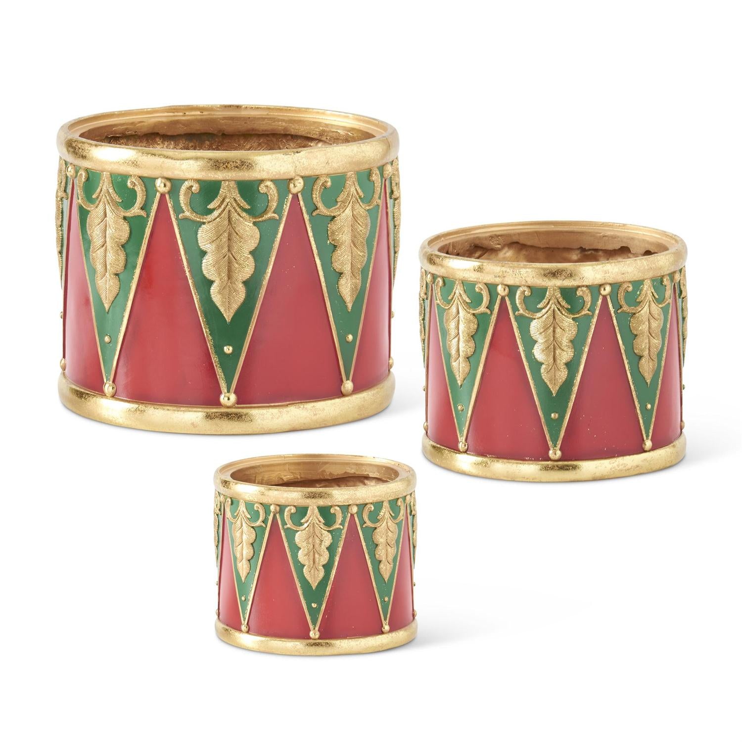 Design Shop Set of 3 Red Green & Gold Resin Nesting Drum Containers/ri ...